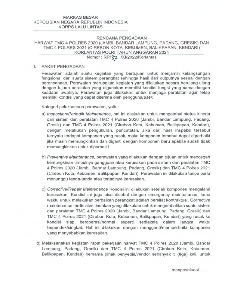 Rencana Pengadaan Harwat TMC 4 Polres 2020 Dan TMC 4 Polres 2021 | PDF