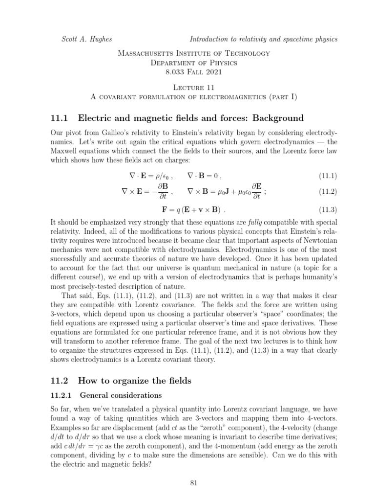 PHYS 8.033 Lec11 Covariant EM | PDF | Special Relativity | Electromagnetism