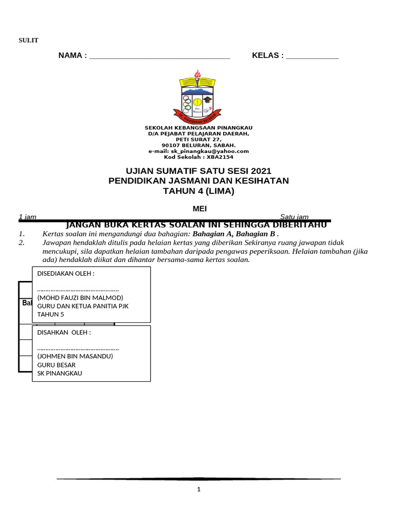 Ujian Sumatif 2021 (PJK T4) | PDF