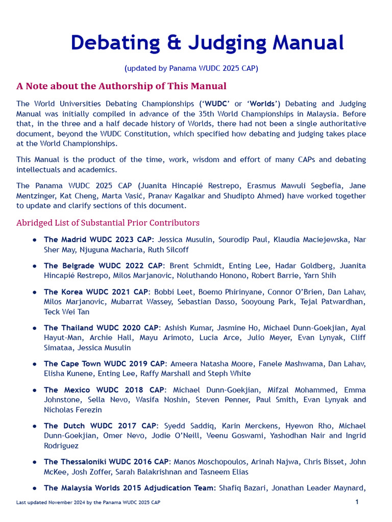WUDC Debating & Judging Manual (Revised-November 2024) | PDF | Knowledge | Jargon