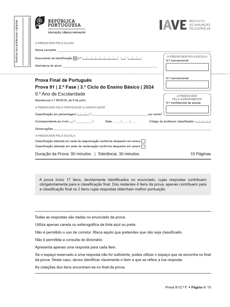 Enunciado Prova Portugues 2 Fase 9 Ano 20240719 134651 | PDF | Pensamento | Realidade