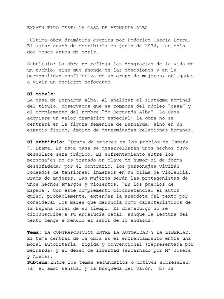 Examen tipo test: Bernarda Alba | PDF