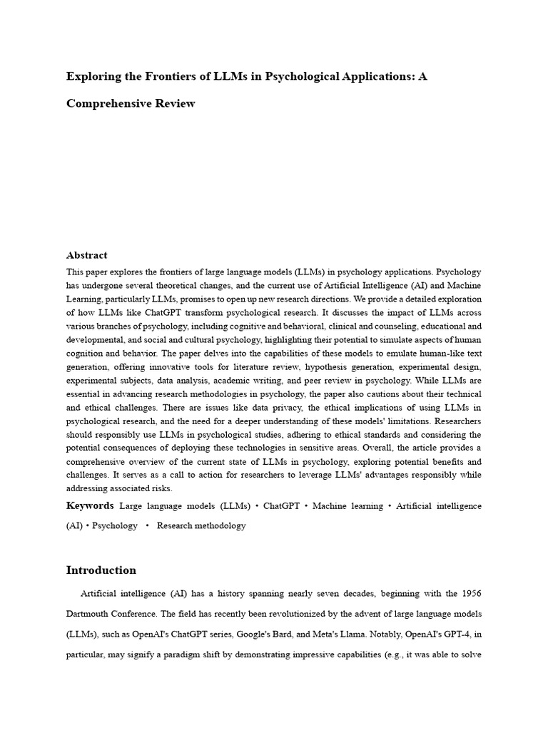 Exploring The Frontiers of LLMs in Psychological Applications | PDF | Psychotherapy | Psychology