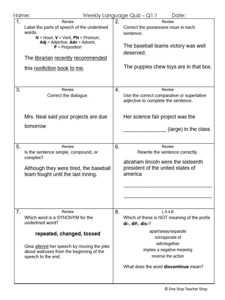 1 Weekly Quiz Q1 (Word Study Di, Dif, Dis) | PDF | Adjective | Part Of ...