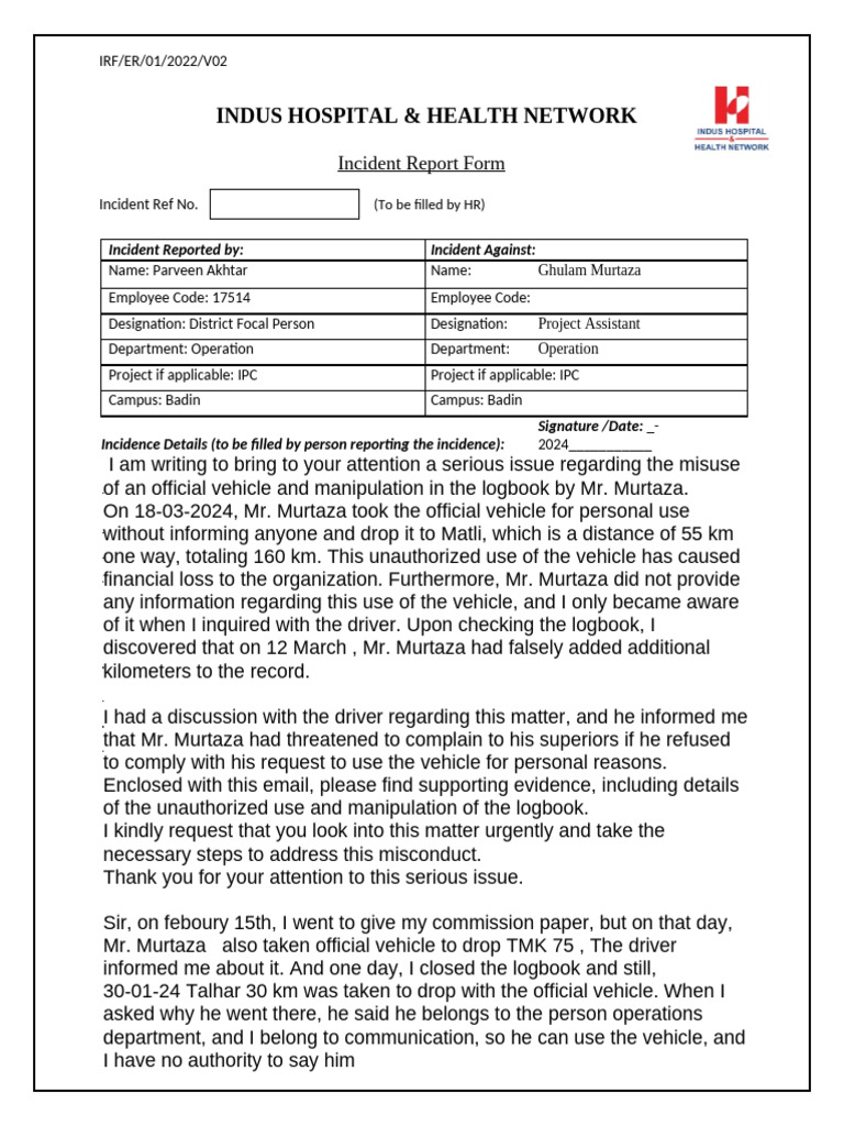 TIH-IRF - ER Form Misuse Vehicle | PDF