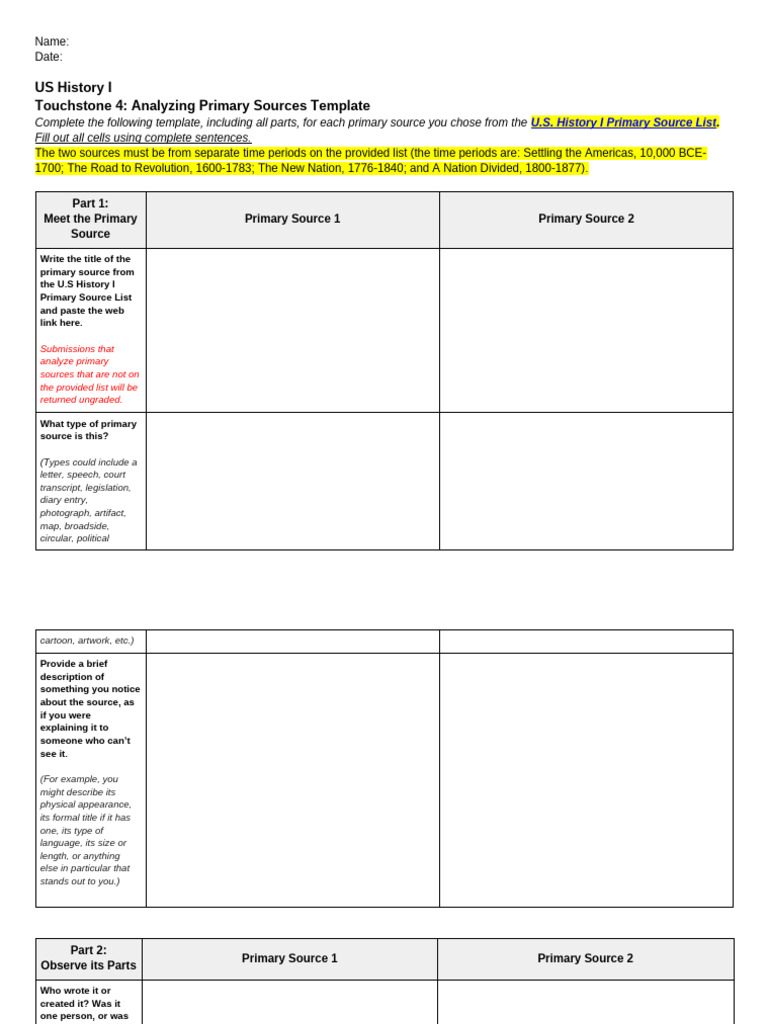 US History I Primary Source Analysis Template | PDF | Evidence ...