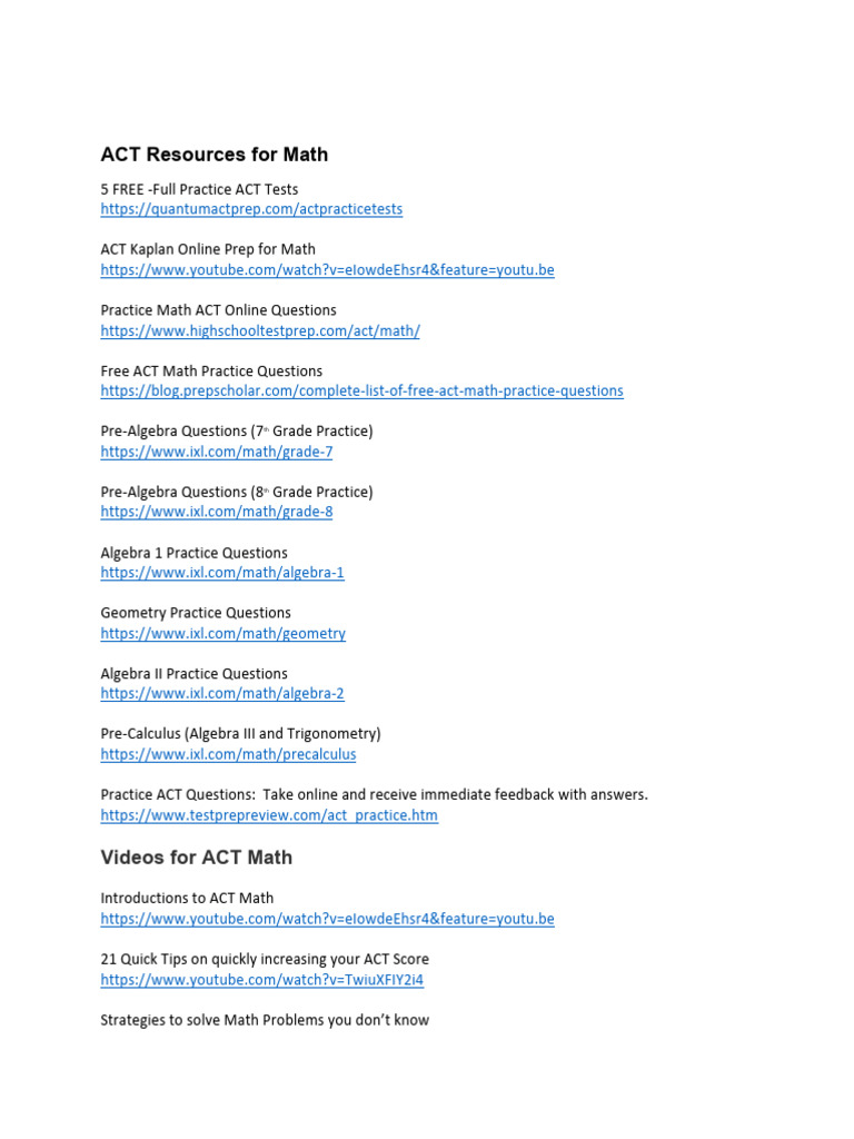 ACT Math Prep Resources | PDF | Teaching Methods & Materials