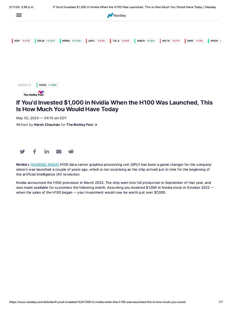 If You'd Invested $1,000 in Nvidia When The H100 Was Launched, This Is How Much You Would Have ...