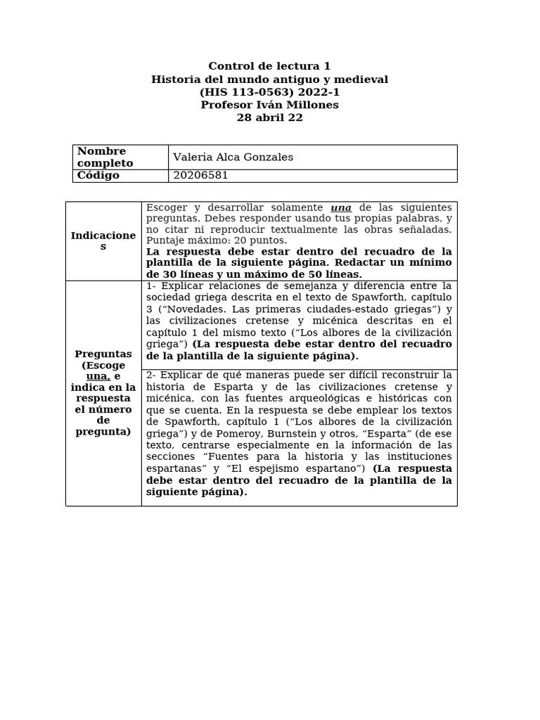 Cl1. Alca Gonzales, Valeria. 20206581 | PDF | Grecia micénica | Esparta