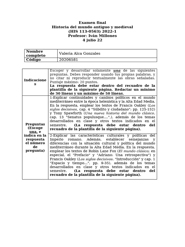 EX2.Alca Gonzales, Valeria.20206581 | PDF | imperio Romano | Edades medias