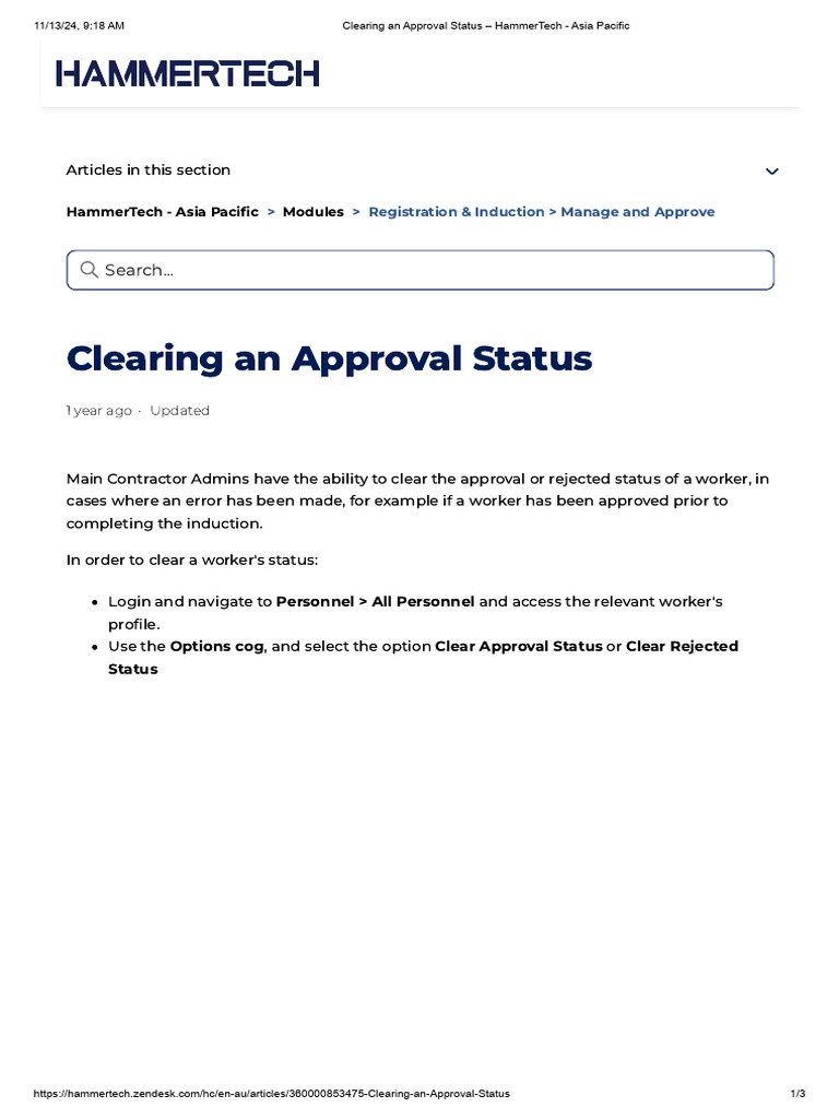Clearing An Approval Status - HammerTech - Asia Pacific | PDF