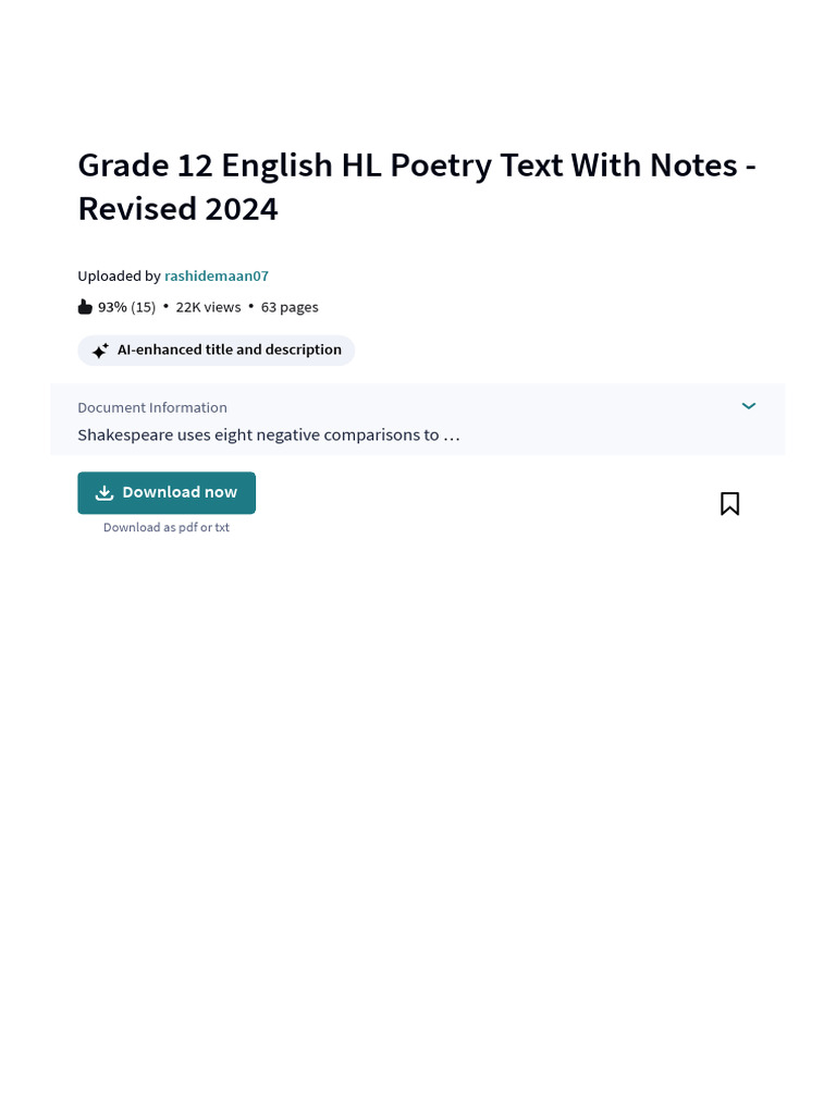 Grade 12 English HL Poetry Text With Notes - Revised 2024 - PDF | PDF ...