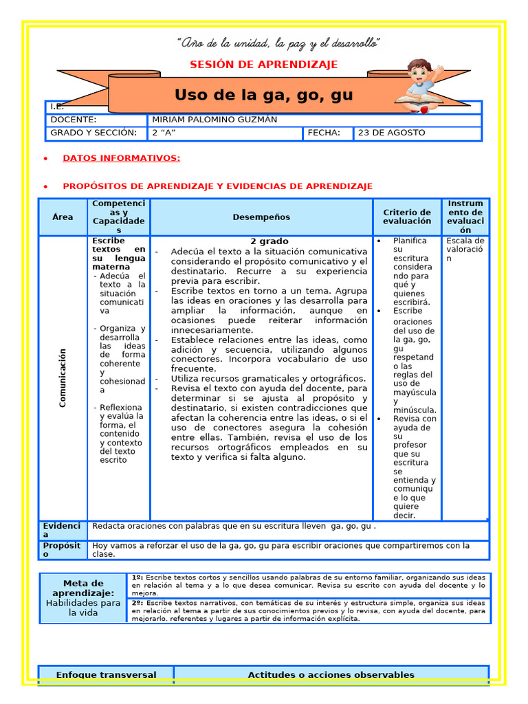 8 SESIÓN USO GA, GO, GU | PDF | Aprendizaje | Caso de carta