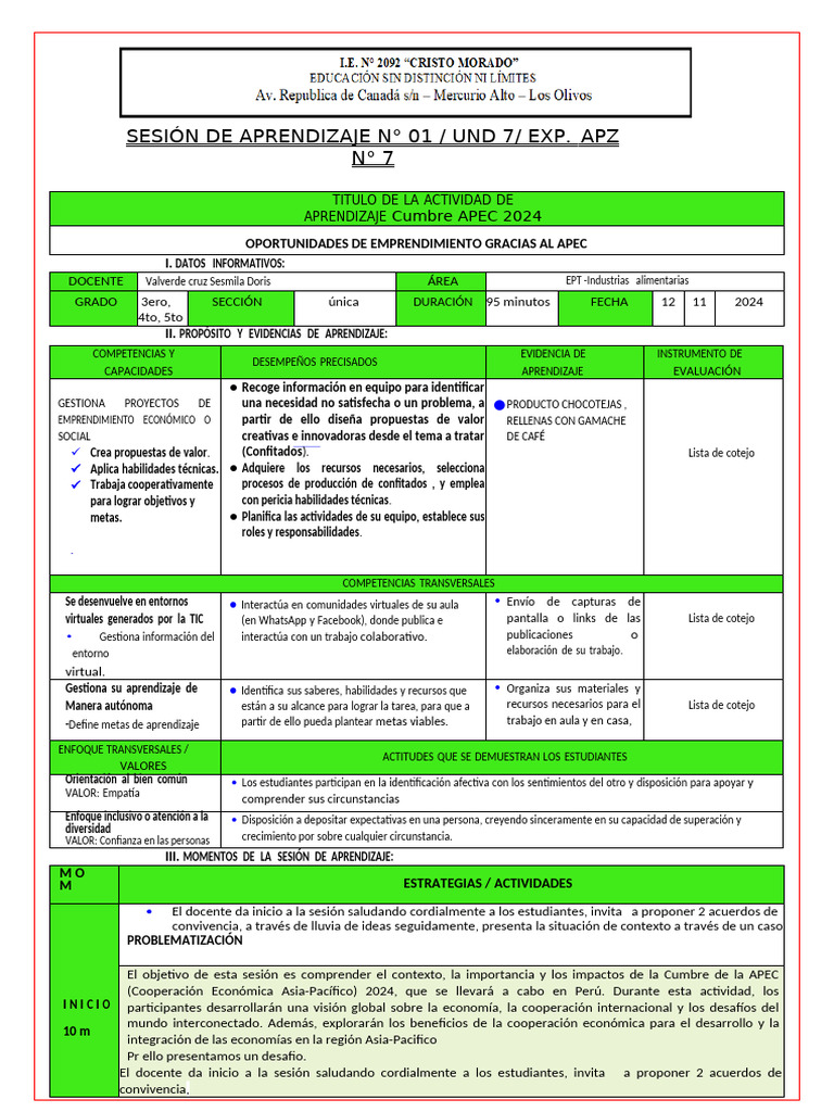 Sesión de Aprendizaje N1 Apec 24 | PDF | Cooperacion economica Asia Pacifico | Evaluación