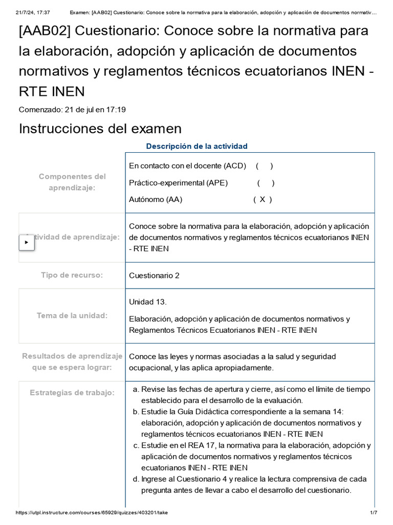 Examen - (AAB02) Cuestionario - Conoce Sobre La Normativa para La Elaboración, Adopción y ...