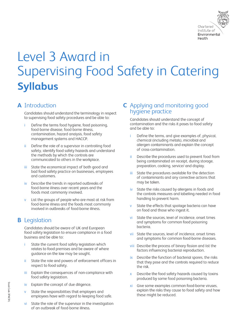 Syllabus The CIEH Intermediate Certificate in Food Safety (Level 3 ...