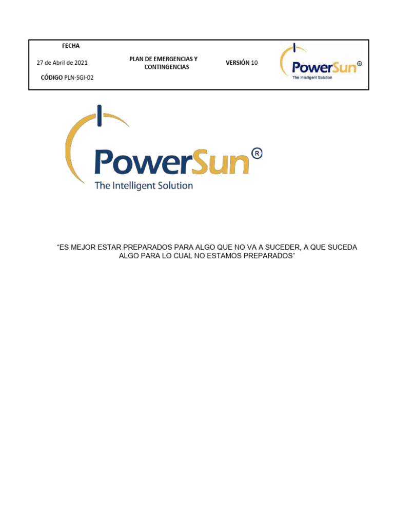 PLN-SGI-02 Plan de Emergencias y Contingencias Powersun 2021 | PDF ...