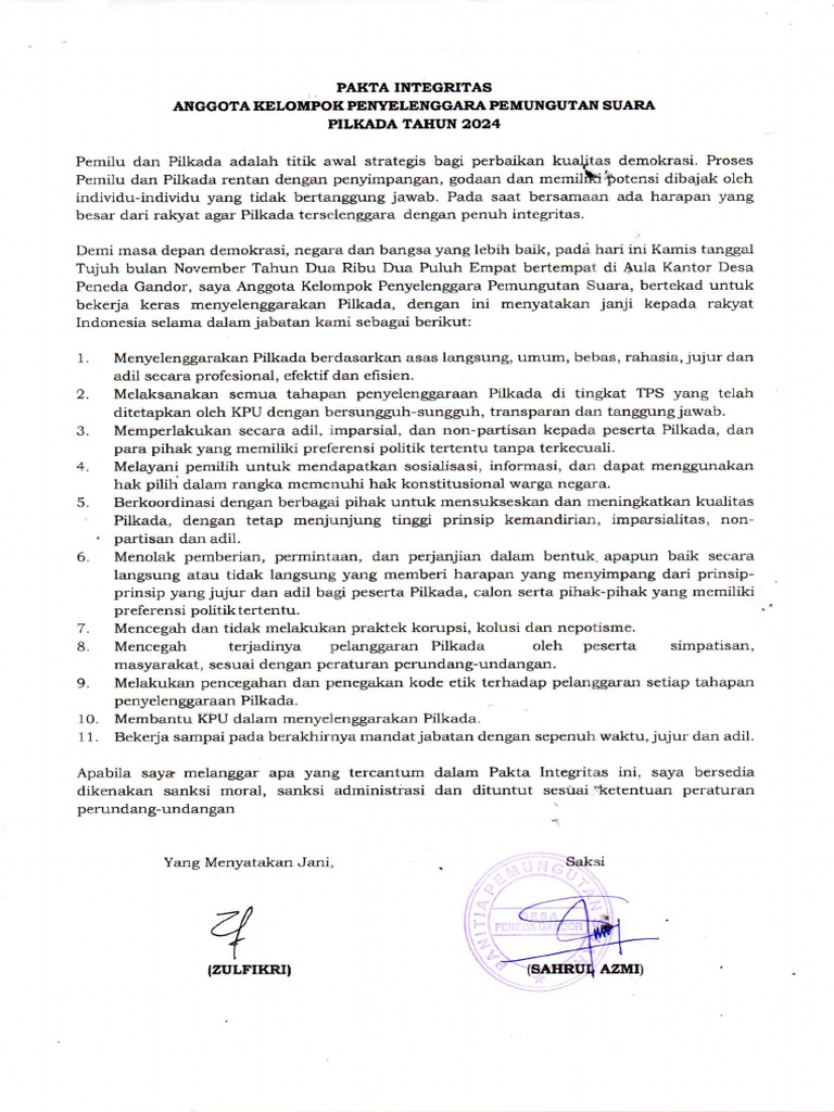 Pakta Integritas - Zulfikri - Tps 006 | PDF