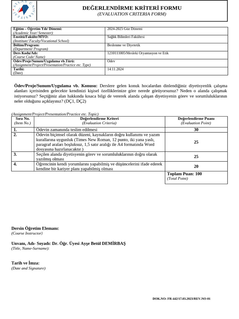 Mesleki Oryantasyon Ve Etik DeÄ Erlendirme Kriteri Formu 2 | PDF