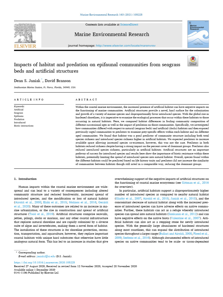 Impacts of Habitat and Predation On Epifaunal Communities From Seagrass ...