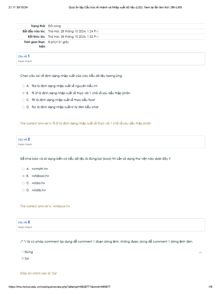 Quiz ôn tập Cấu trúc rẽ nhánh và Nhập xuất dữ liệu (L02) - Xem lại lần làm thử - BK-LMS | PDF