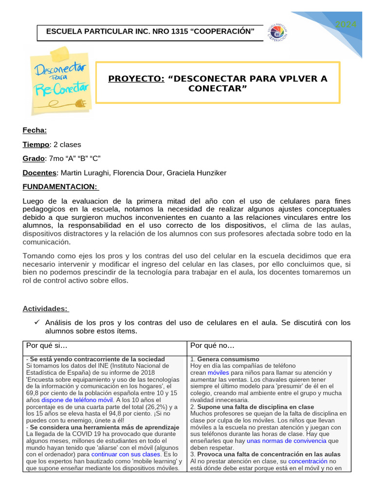 Proyecto Uso de Celulares 7mo 2024 | PDF | Teléfonos móviles | Escuelas