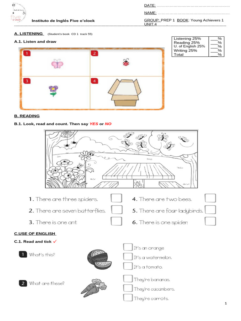 Young Achievers 1 Unit 4 Activities | PDF