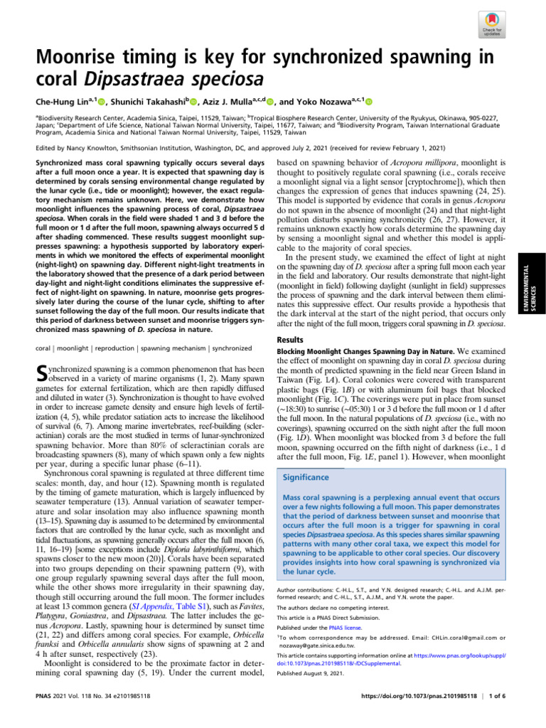 Moonrise timing is key for synchronized spawning in coral | PDF | Coral ...