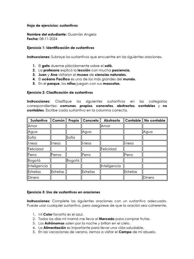 Ejercicios de Sustantivos para Estudiantes | PDF | Sustantivo