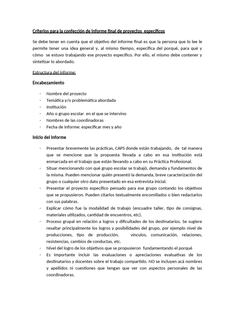 Ficha de Cátedra Criterios para La Confección de Informe Final de PROYECTOS ESPECÍFICOS | PDF