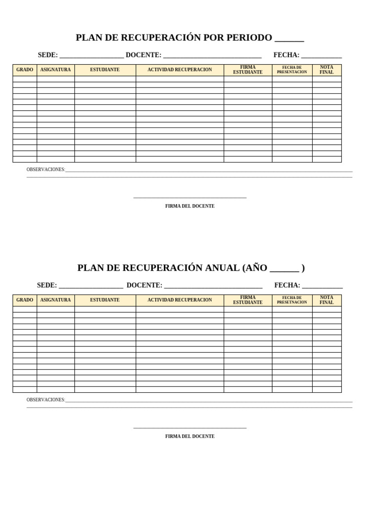 Formatos Plan de Recuperacion Individual | PDF