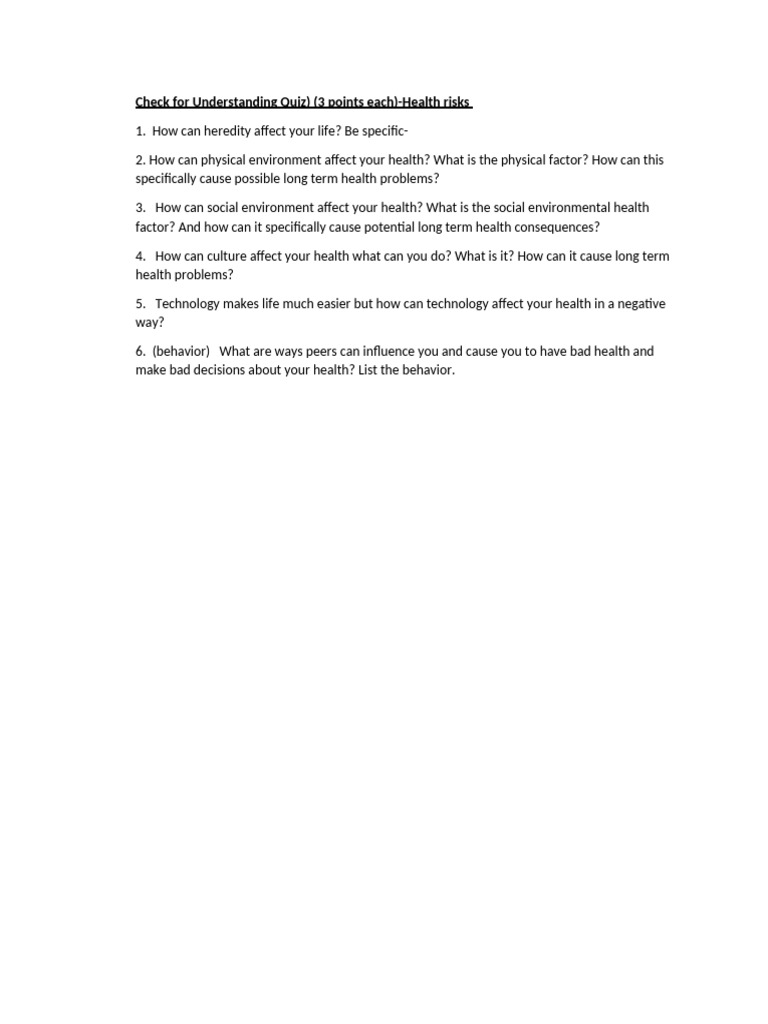 Benjamin Sparks - Check For Understanding Quiz-Health Risks | PDF | Self-Improvement