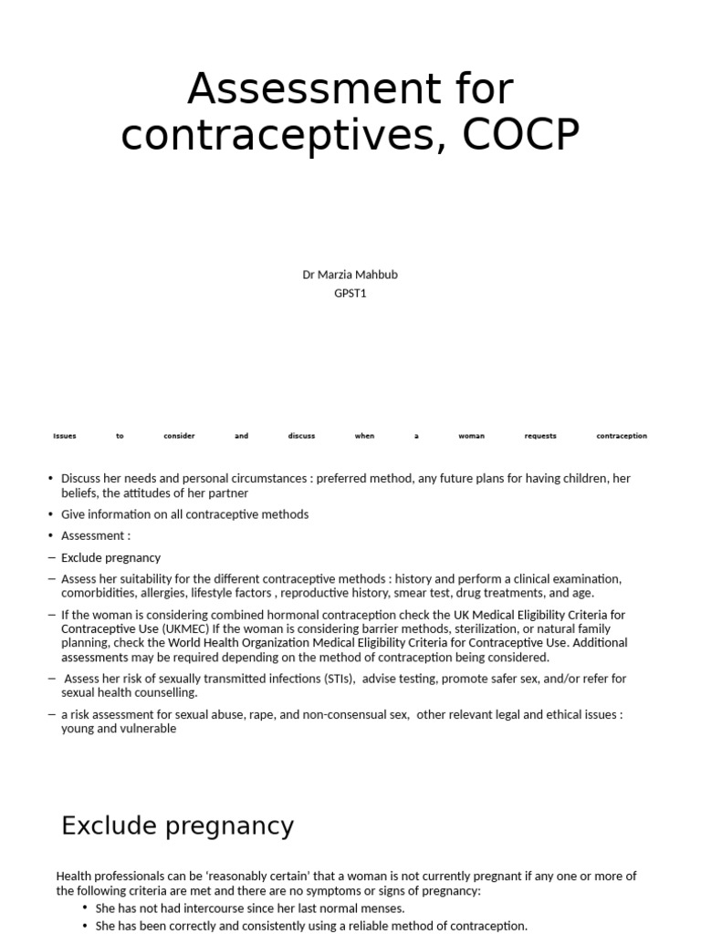 Assessment For Contraceptives | PDF | Birth Control | Combined Oral ...