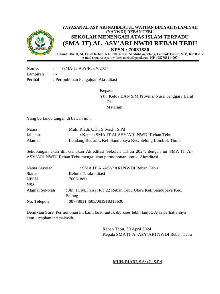 Surat Ajuan Akreditasi | PDF