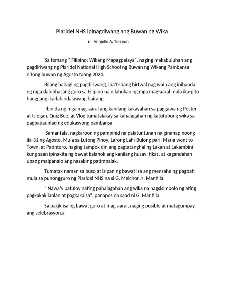 Plaridel NHS Ipinagdiwang Ang Buwan NG Wika | PDF