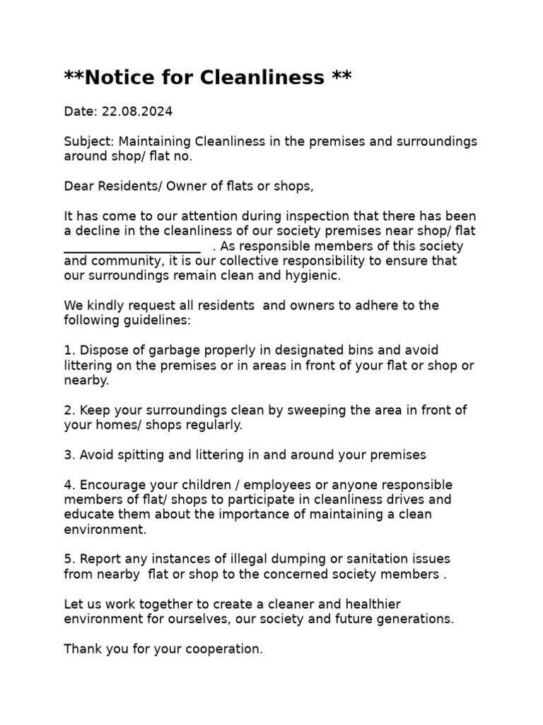 Notice for Cleanliness Drive in Society | PDF