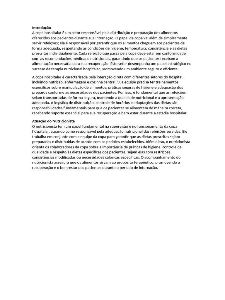 Gestão da Copa Hospitalar e Nutrição | PDF