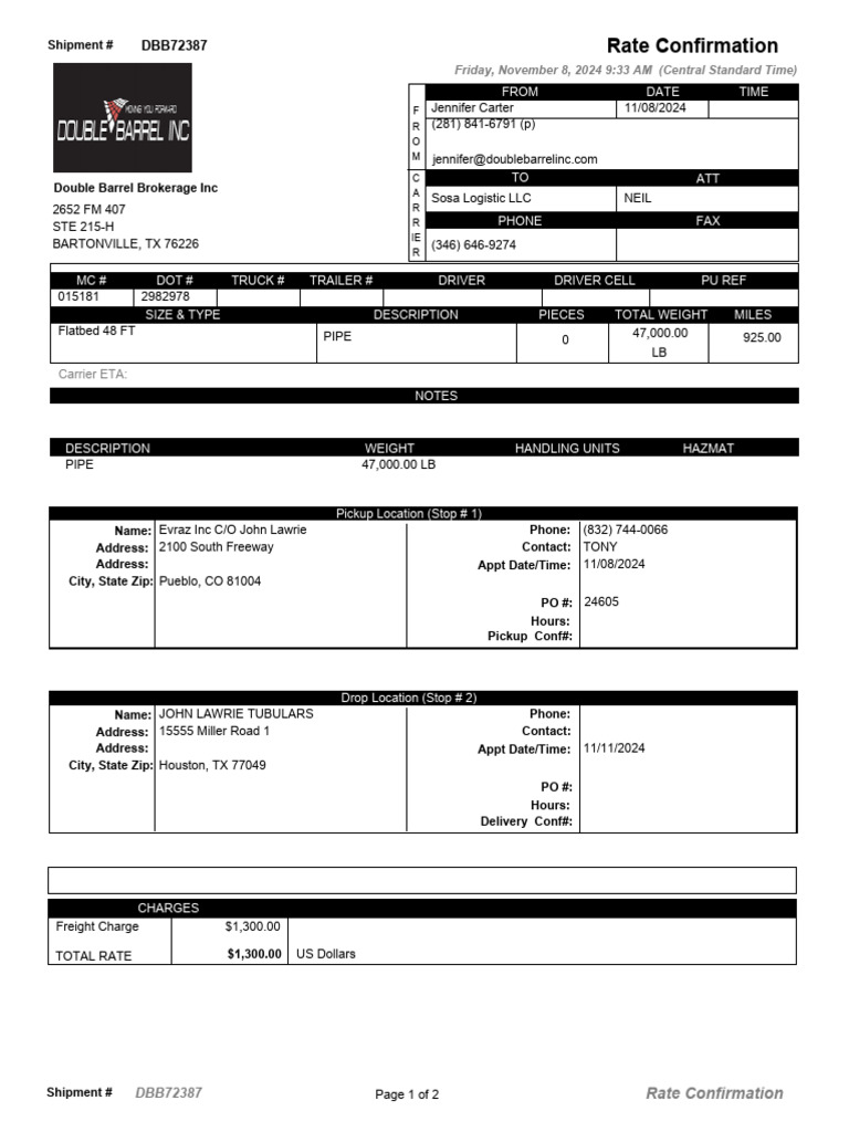 Rate Confirmation for Shipment DBB72387 | PDF | Cargo | Freight Transport