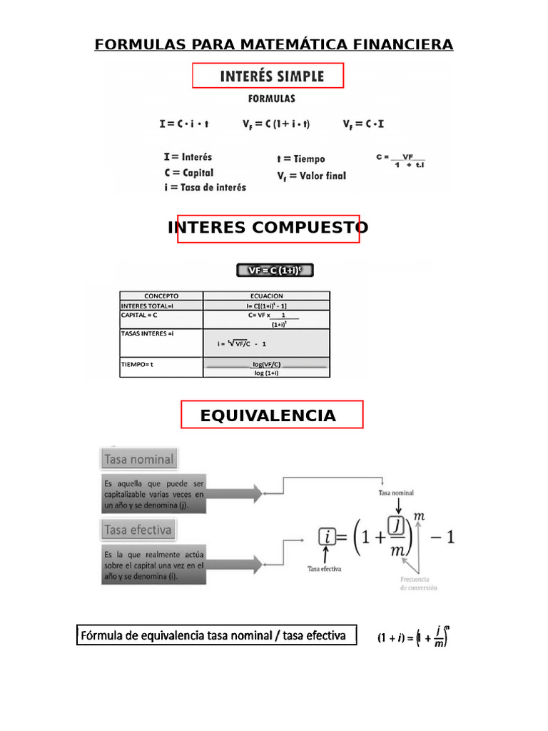 Formulas para Matemática Financiera | PDF | Finanzas y dinero