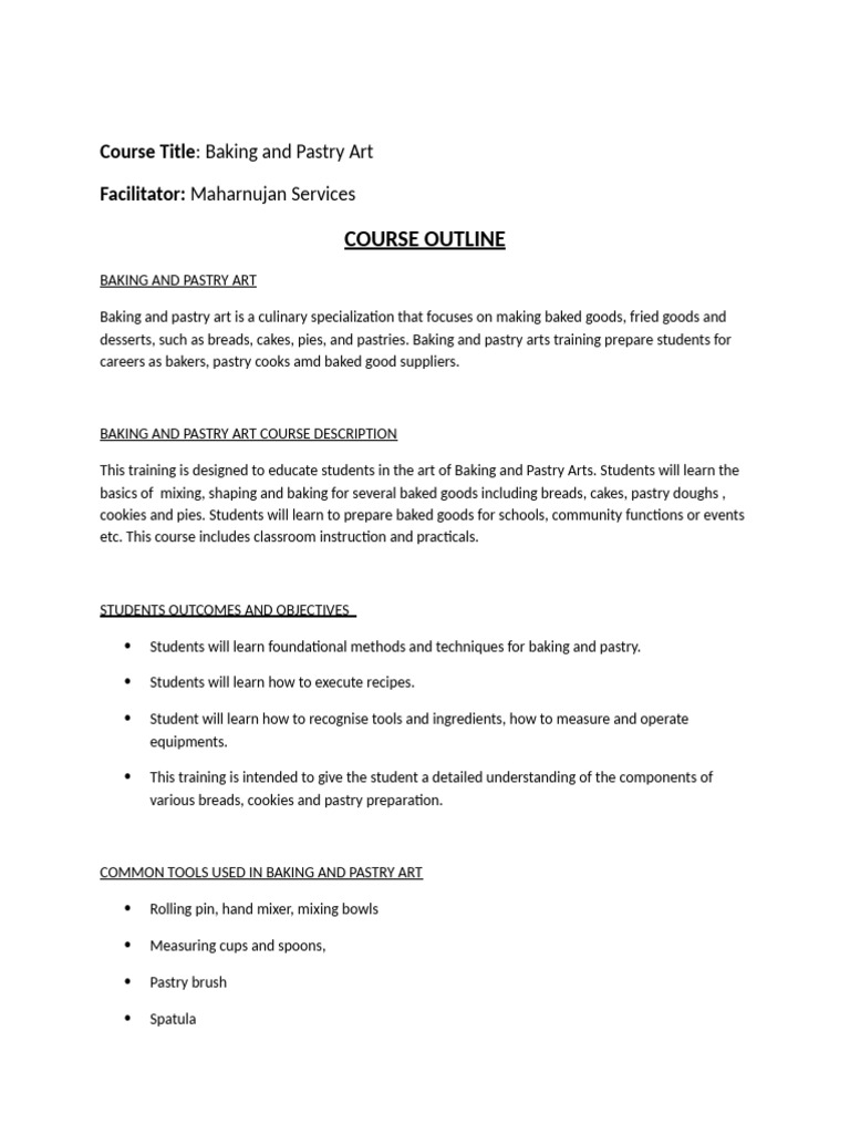 Course Outline For First Cohort | PDF | Cooking, Food & Wine | Home ...