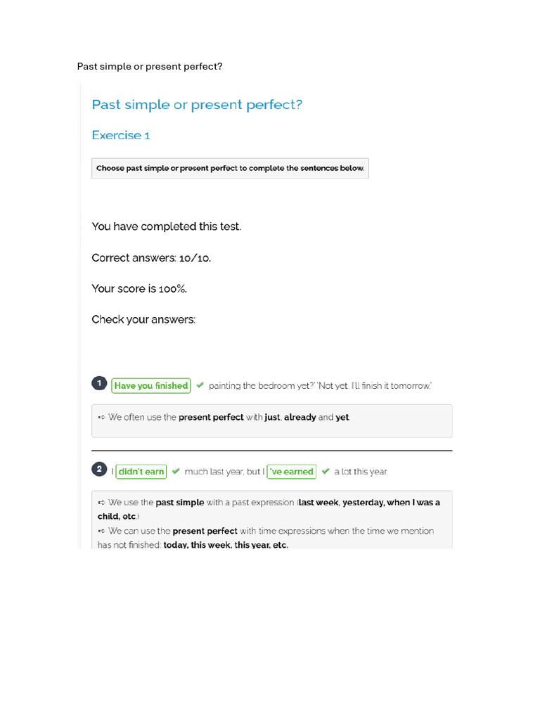 Homework Past Simple or Present Perfect | PDF