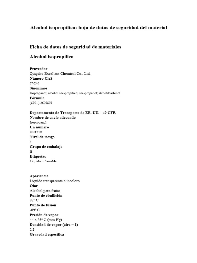 IPA MSDS (V. Spanish) 280622 | PDF | Residuos | Agua