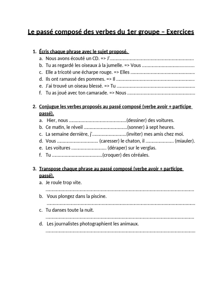 Exercices sur le passé composé 1er groupe | PDF