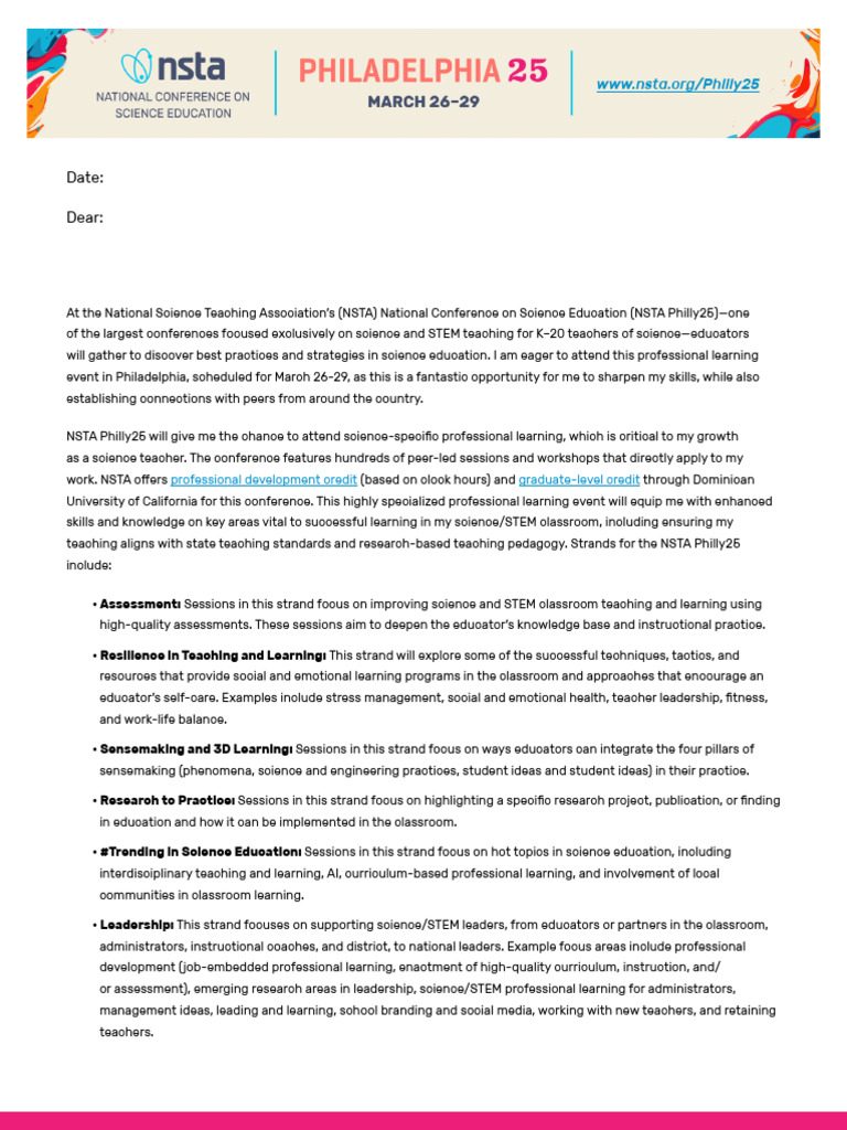 NSTA PHILLY25 Justification-Letter | PDF | Teachers | Learning