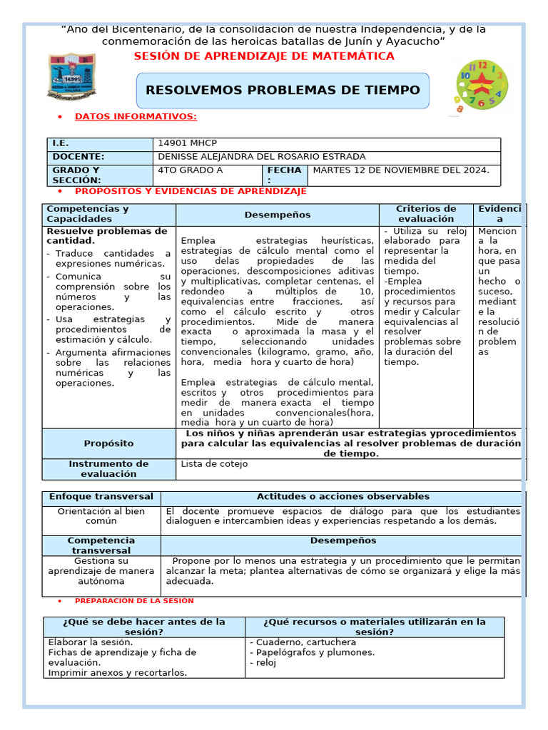 Sesion de Matematica - Mart 10 Medimos El Tiempo | PDF | Evaluación ...