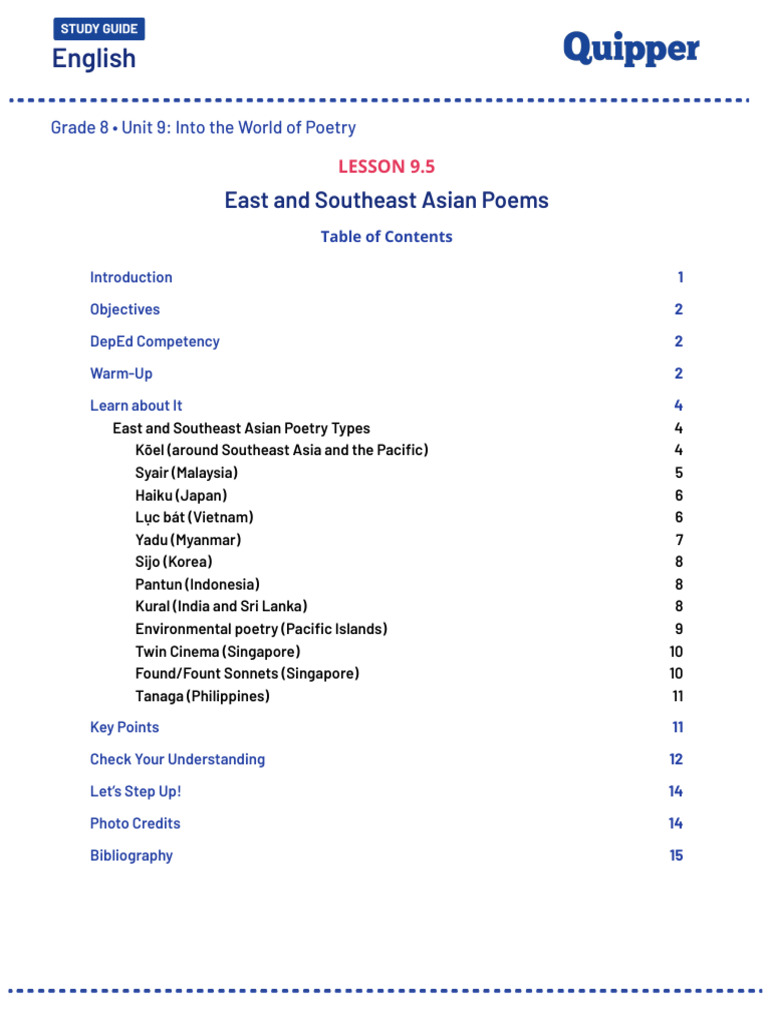 ME Eng 8 Q2 0905 - SG - East and Southeast Asian Poems | PDF | Poetry ...