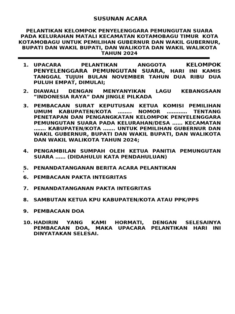 Susunan Acara Pelantikan KPPS | PDF