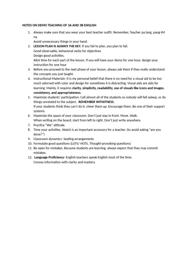 NOTES ON DEMO TEACHING FOR 3A and 3B ENGLISH | PDF