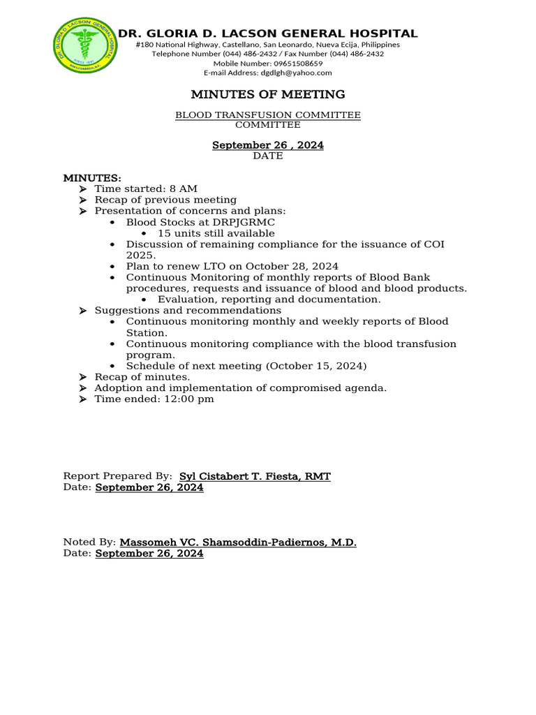 Blood Transfusion Committee Meeting Minutes | PDF