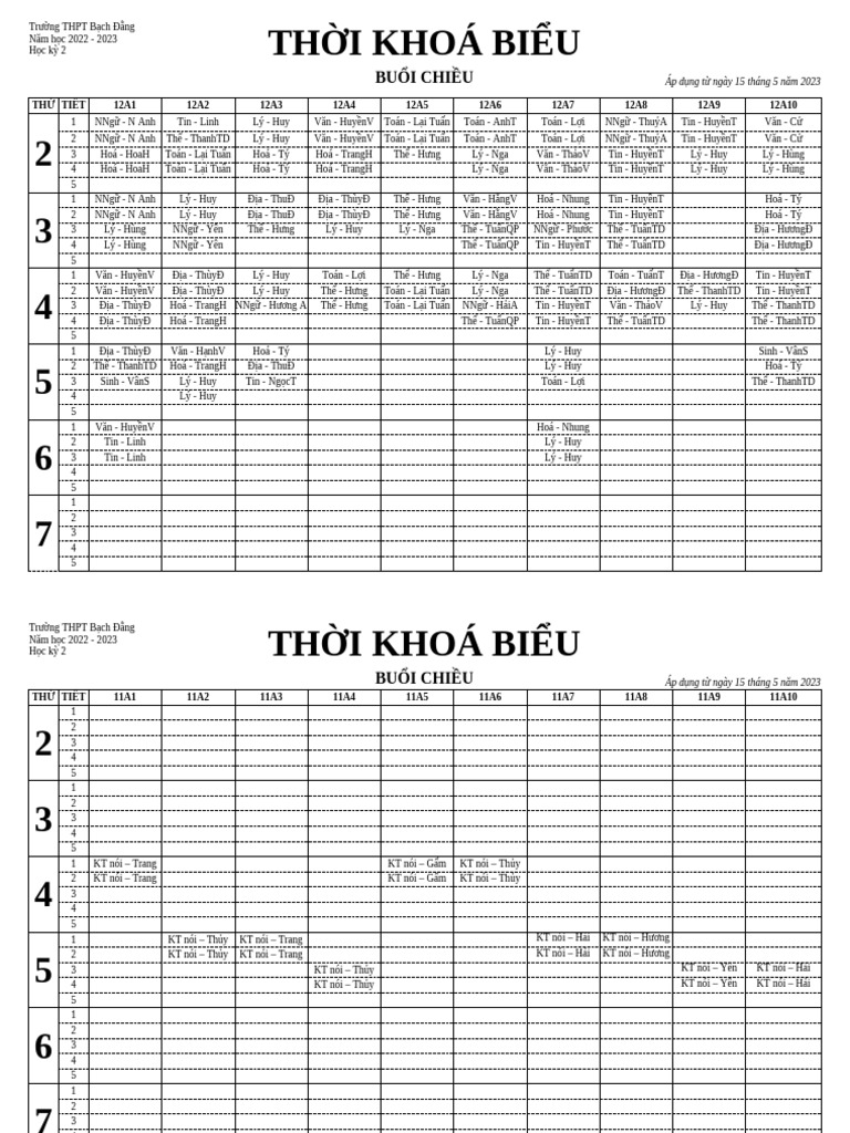 TKB Học Chính Khóa Chiều Khối 12 KT Nói Khối 10 Và 11 | PDF
